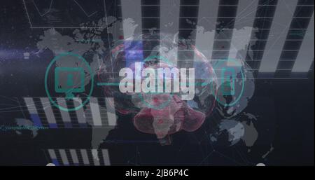 Image of icons, data and rotating brain over world map Stock Photo - Alamy