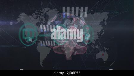 Image of icons, data and rotating brain over world map Stock Photo - Alamy