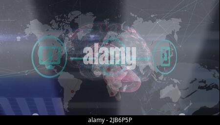 Image of icons, data and rotating brain over world map Stock Photo - Alamy