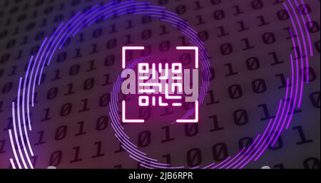 Image of qr code and spinning purple shapes over binary coding Stock Photo - Alamy
