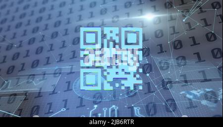 Image of qr code and binary coding data processing over black background. Global connections ...