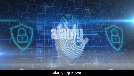 Human hand scanning over biometric scanner against security padlock and ...