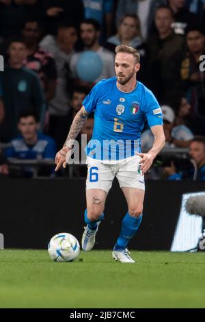 WEMBLEY, ENGLAND - JUNE 1: Lazzari of Italy controls the ball during the Finalissima match ...