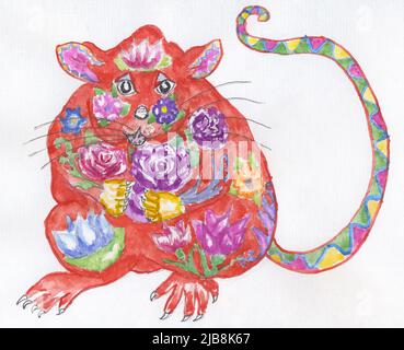 Red rat or mouse with flowers decor hand drawn illustration Stock Photo ...