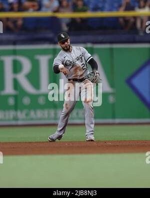 Chicago White Sox shortstop Leury Garcia throws to first for an out ...