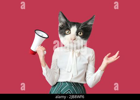 Cute cat with human body holding smartphone on yellow background Stock ...