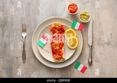 Plate with Mexican traditional food and flags on blue background Stock ...