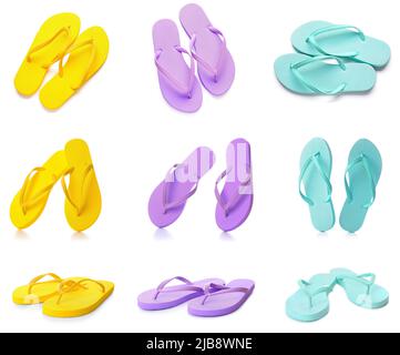 Set with different flip flops on white background, top view. Banner ...