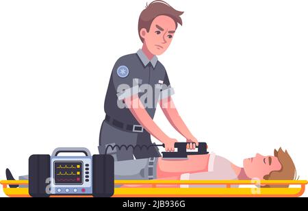 Emergency cartoon icon with male paramedic using defibrillator vector ...