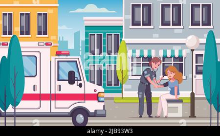 Paramedic emergency ambulance cartoon composition with urban outdoor ...