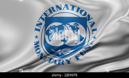 International Monetary Fund IMF national flag waving in the wind. Sky ...