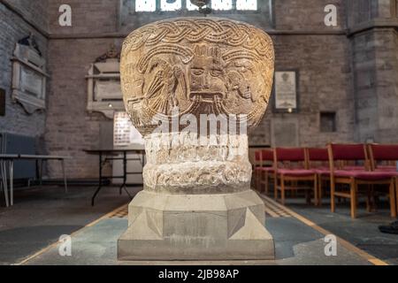 Brecon, May 14th 2022: The oldest Norman font in the country - the ...