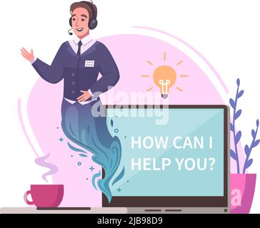 Virtual genie character concept with problem assistance symbols cartoon ...