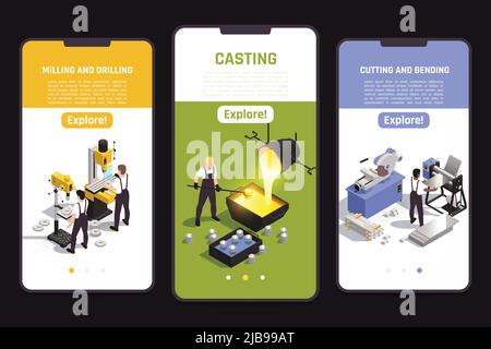 Metalworking operations 3 isometric mobile screens with turning lathe ...