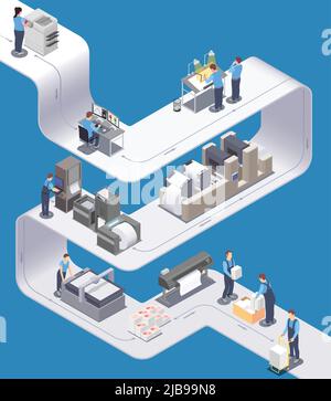 printing house isometric background with office staff working with ...