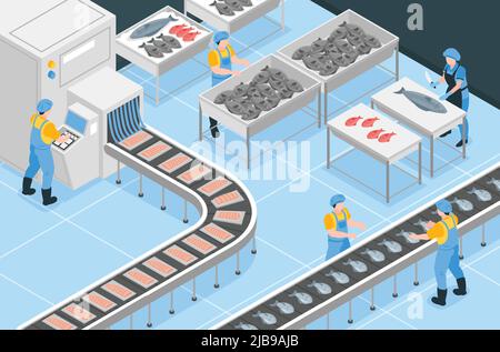 Fishing production isometric background with workers involved in hand ...