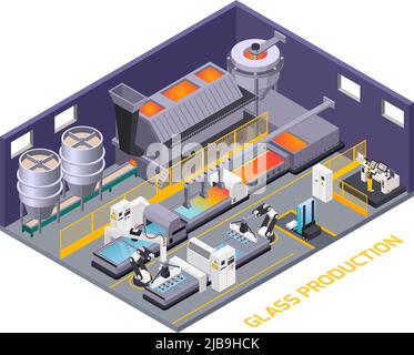 Glass production isometric composition of text and indoor scenery with ...