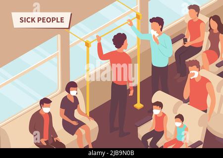 Transport sick people isometric composition with text and inside view ...