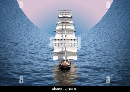 ship with sails on the curved surface of the sea front view. 3d ...