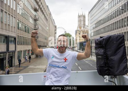 Will Mellor is driven around London on a bus, promoting the Vindaloo ...
