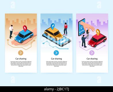 Isometric set of car sharing service elements and people using vehicles ...