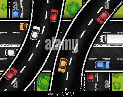 Road junction top view composition with outdoor scenery and motorway ...