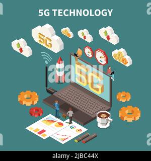 5G wireless technology isometric composition with city block tall buildings images round ...