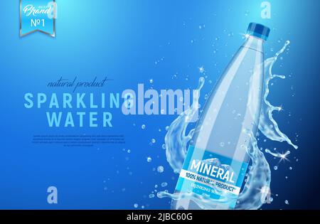 Mineral water advertising brand poster with stream of drink from bottle ...