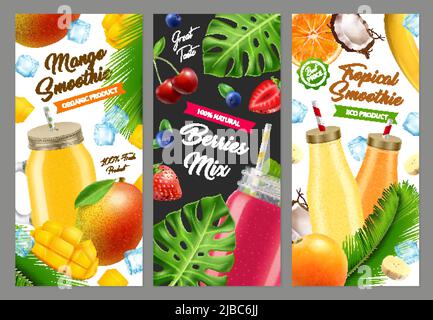 Set of smoothie banner vitamin drink vector illustration. Tasty natural ...