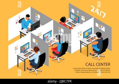 Isometric technical support horizontal composition with isolated human ...