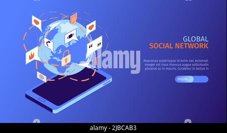 Isometric social media horizontal banner with global social network ...