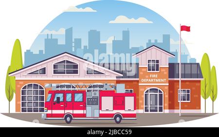 Firefighters cartoon composition with round cityscape silhouette ...