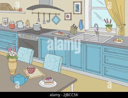 Kitchen room graphic color home interior sketch illustration vector ...
