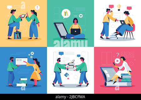 Online library flat composition with electronic book and man reading a ...