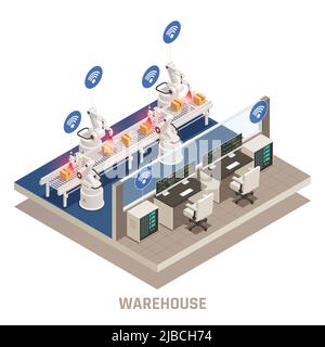 Modern warehouse fully automated computer controlled conveyor line with robotic arms sorting ...