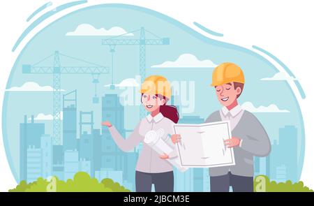 Architect work cartoon composition with male female colleagues ...