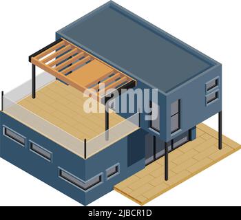 Modular frame building isometric composition with set of trucks with ...