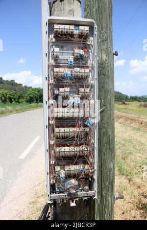 Mess in a telephone junction box Stock Photo - Alamy