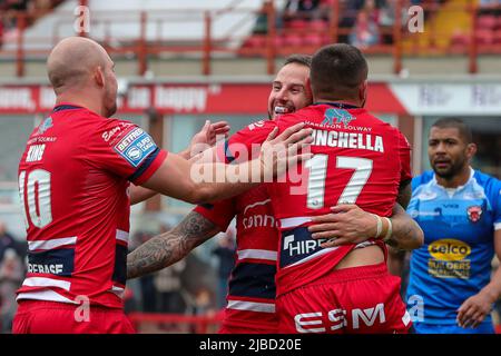 Ben Crooks (2) of Hull KR celebrates with the fans at the end of the ...