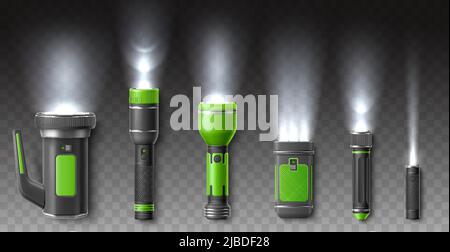 Flashlights with rays. Luminous realistic electric torches, bright ...