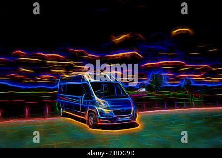 Motorhome van conversion with bright neon lights and vivid colours ...