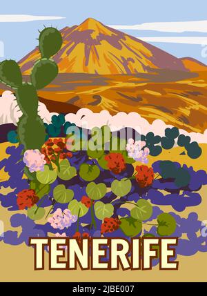 Tenerife Travel Retro Poster, view on volcano Teide, flowers, cactus ...