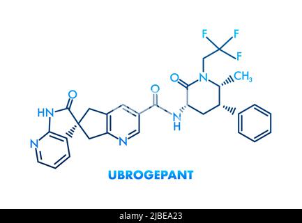 Ubrogepant migraine drug molecule (CGRP receptor antagonist). Skeletal ...
