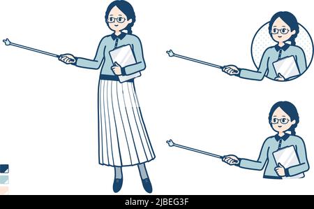 A young woman with glasses with Explanation Pointing images.It's vector ...