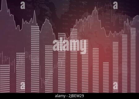 Red finance background with numbers, columns, lines, candlesticks ...