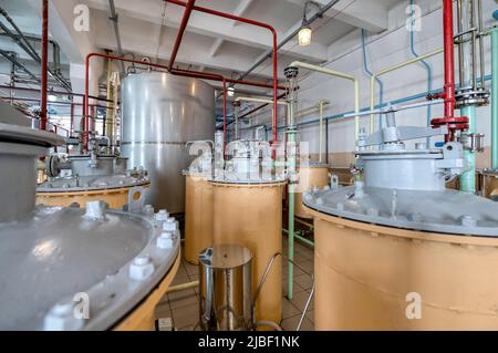 Modern sand and coal filtration columns with red pipelines Stock Photo ...