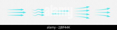 Air flow. Set of blue arrows showing direction of air movement. Wind direction arrows. Blue cold ...