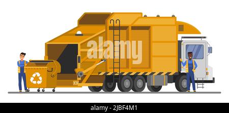 Garbage service workers. Rubbish management employee and waste truck ...