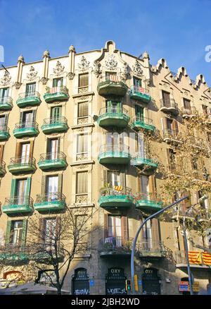 Facade and cornice of a typical Catalan modernism building in Barcelona ...