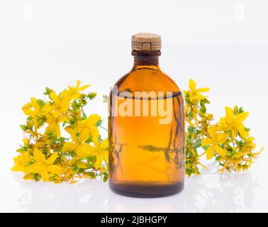 St. John's wort flower oil in a glass bottle. on a wooden background ...